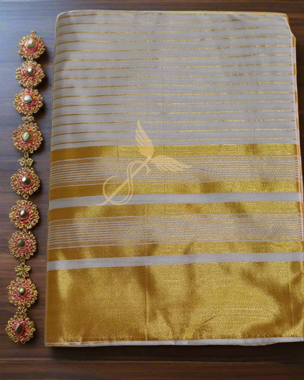 White & Gold Soft Jari Silken Saree Traditional Kerala Kasavu – Ethnic